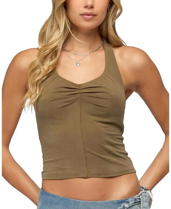 EDIKTED Montanah Pleated Halter Top - Olive