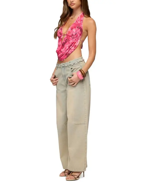 EDIKTED Floral Mesh Cowl Neck Halter Top