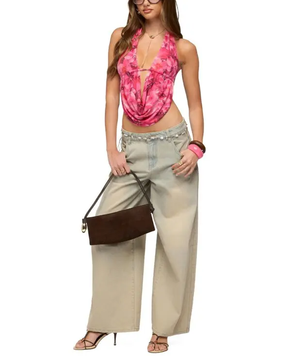 EDIKTED Floral Mesh Cowl Neck Halter Top