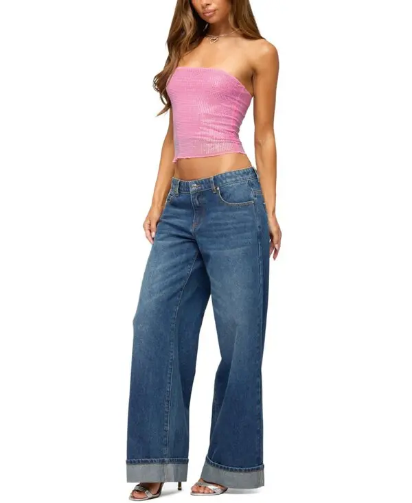 EDIKTED Rhinestone Mesh Strapless Top