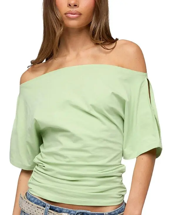 EDIKTED Feng Ruched Off Shoulder Cutout Top - Sage