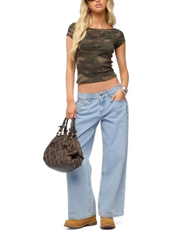 EDIKTED Lumielle Camo Boat Neck Top