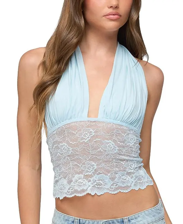 EDIKTED Eloria Lacey Flutter Tie Top - Light-blue