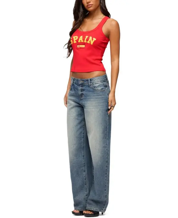 EDIKTED Ribbed Tank Top With Spain Graphic