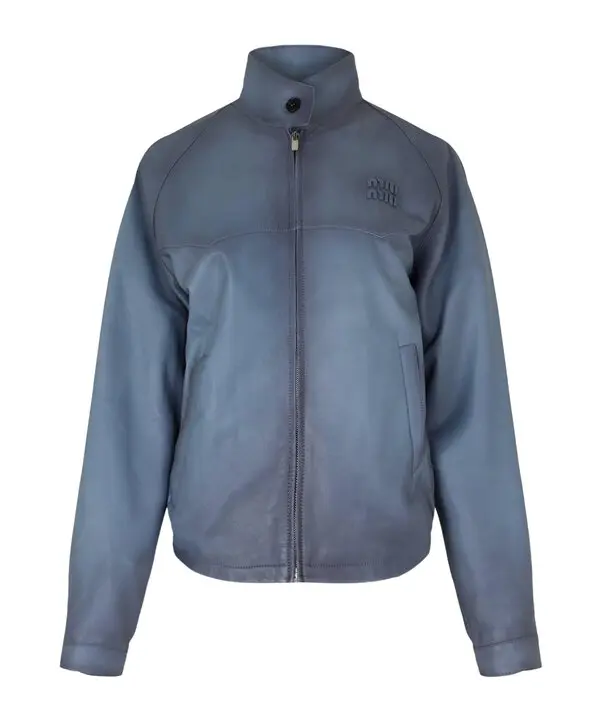 Miu Miu Standcollar Faded Leather Jacket - Blue