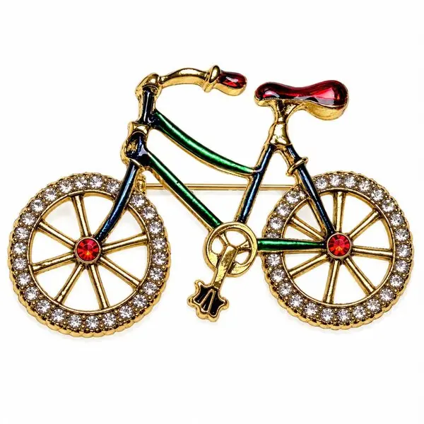 BY OZGE Green / Red Joyride Colourful Enamel And Zirconia Vintage Gold Tone Bicycle Brooch Multicolour - Green/red
