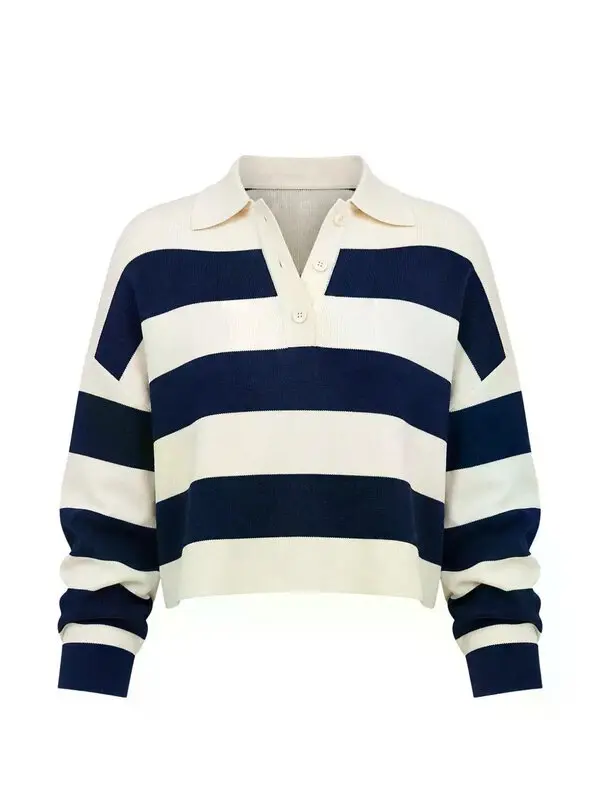 SEROYA Ryla Striped Polo-collar Sweater - Neutrals
