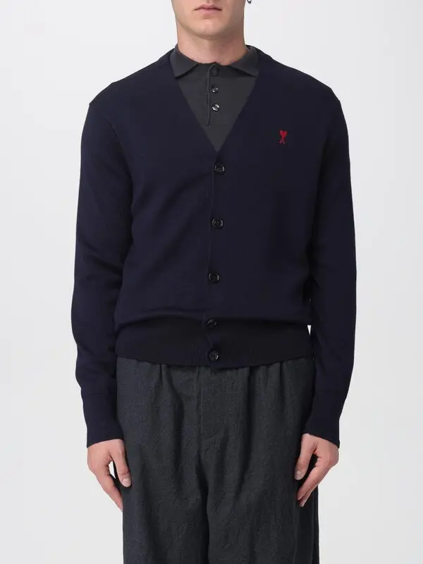 AMI Paris V-neck Wool Cardigan With Contrast Embroidered Logo - Navy