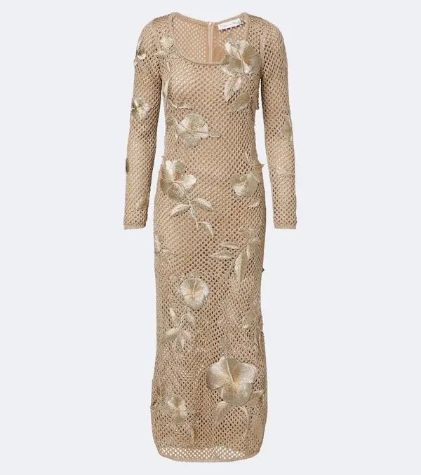 Oscar De La Renta Floral Appliqué Open-knit Midi Dress - Gold