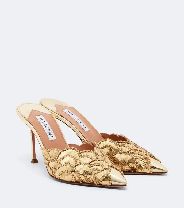 AQUAZZURA Ce Soir Embellished Leather Mules - Gold