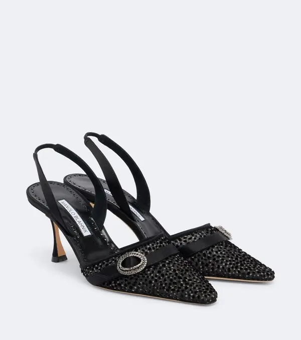 Manolo Blahnik Embellished Pointed Toe Slingback Pumps - Black