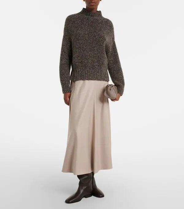 Agnona Leather-trimmed Wool Flannel Midi Skirt