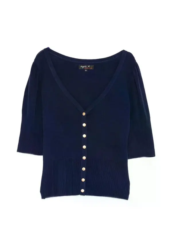 AGNES B. Navy Cotton Fine Knit V-neck Button-up Top With Puffed Shoulders - Blue