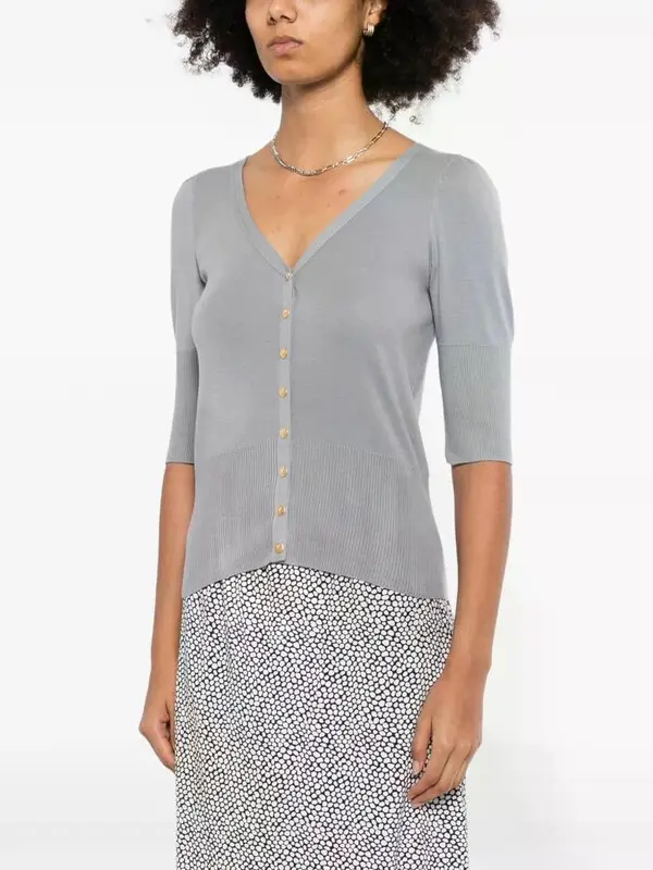 AGNES B. V-neck Half-sleeve Knit Top With Gold-tone Buttons - Grey