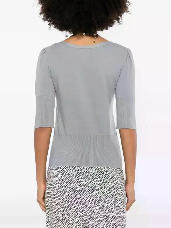 AGNES B. V-neck Half-sleeve Knit Top With Gold-tone Buttons - Grey