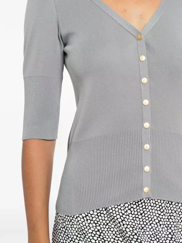 AGNES B. V-neck Half-sleeve Knit Top With Gold-tone Buttons - Grey