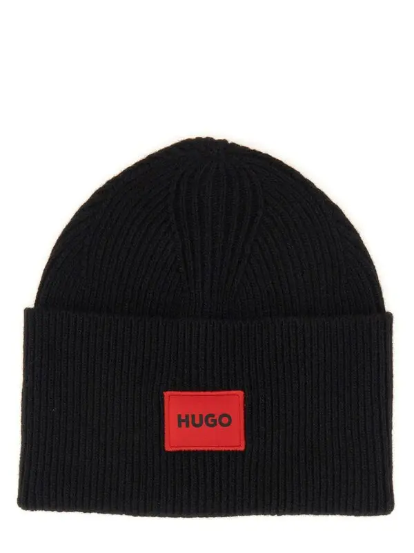 Hugo Rib-knit Beanie With Logo Patch - Black