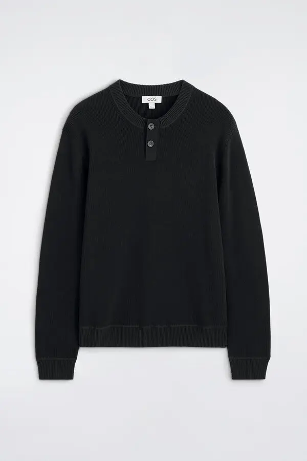 Cos Knitted Cotton Henley Sweater - Black