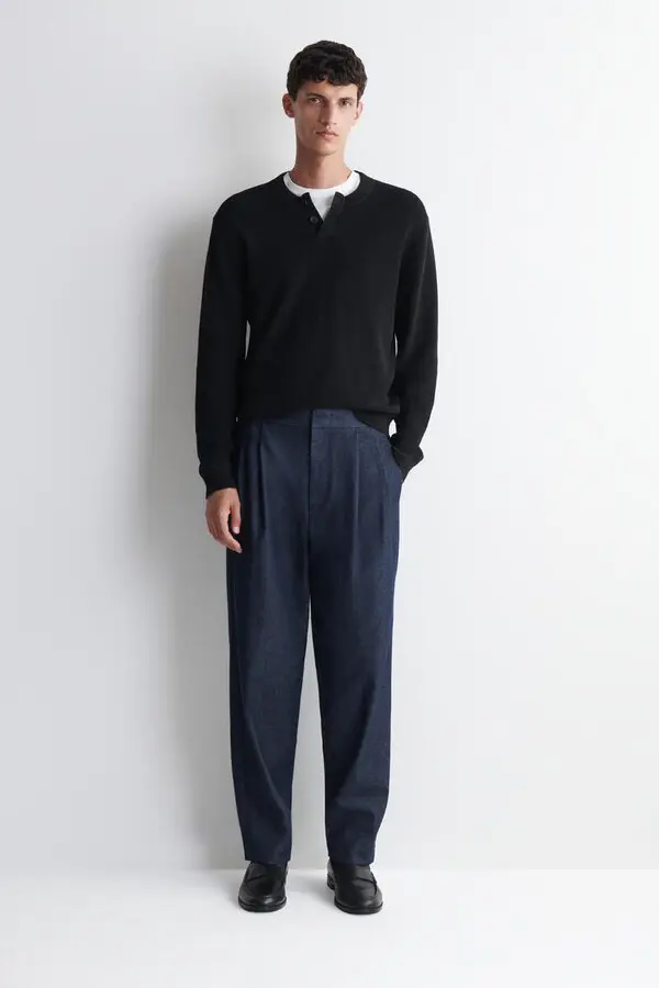 Cos Knitted Cotton Henley Sweater - Black