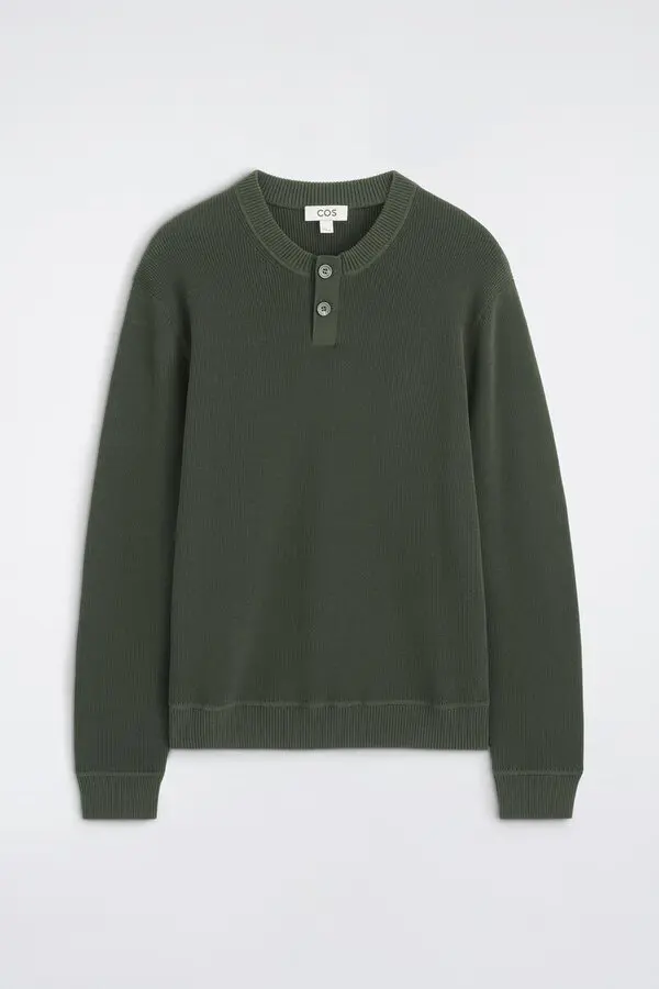 Cos Knitted Cotton Henley Sweater - Green