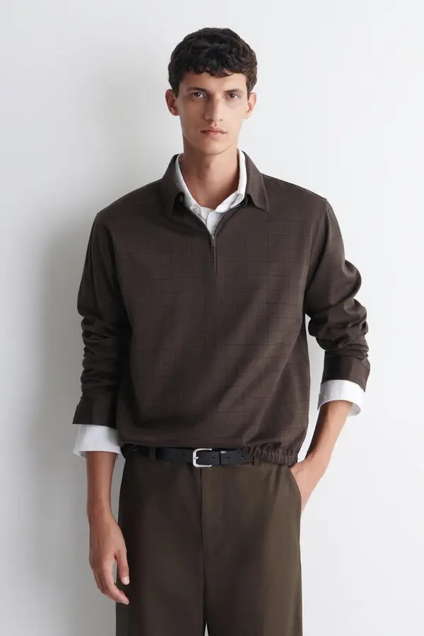 Cos Checked Cotton Jacquard Zip-up Polo Shirt