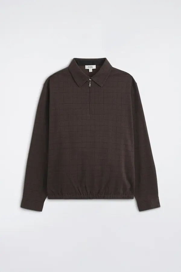 Cos Checked Cotton Jacquard Zip-up Polo Shirt - Brown