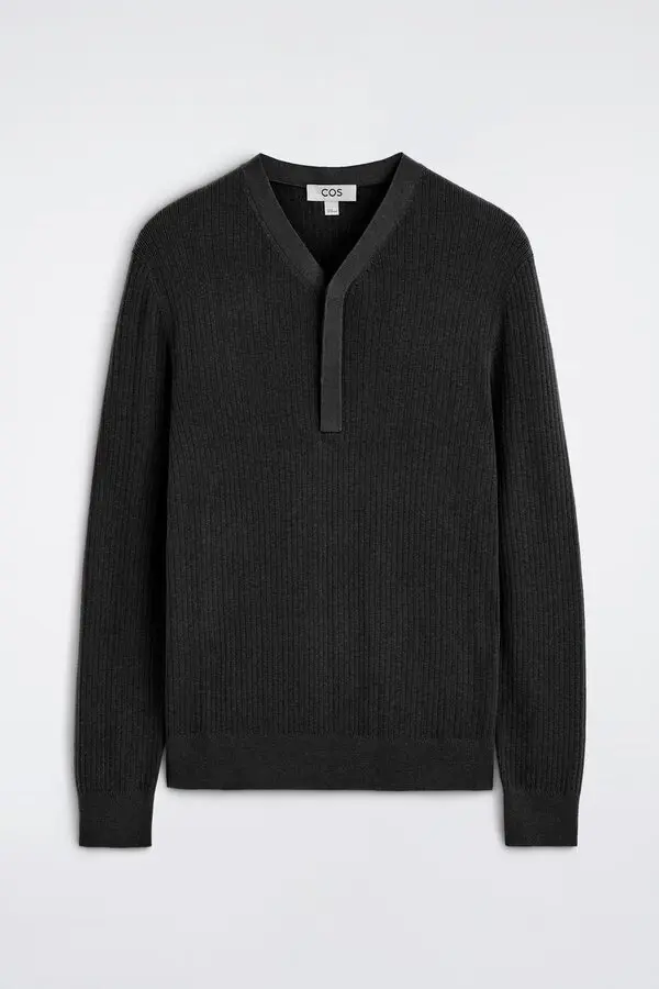 Cos Ribbed-knit Henley Top - Black