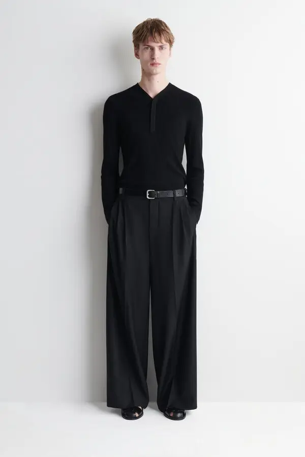 Cos Ribbed-knit Henley Top - Black