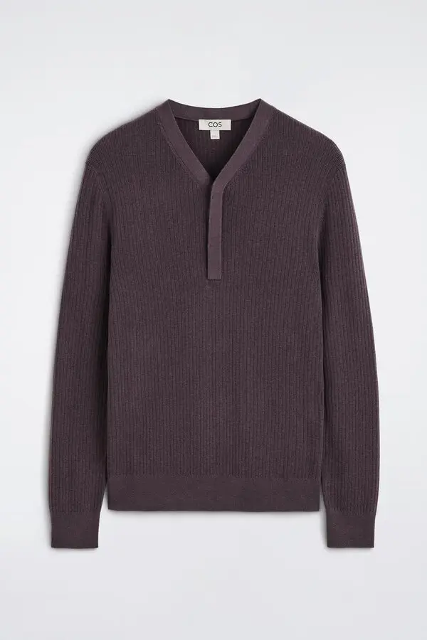 Cos Ribbed-knit Henley Top - Red