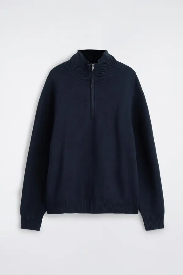 Cos Double-faced Knitted Half-zip Sweater - Navy
