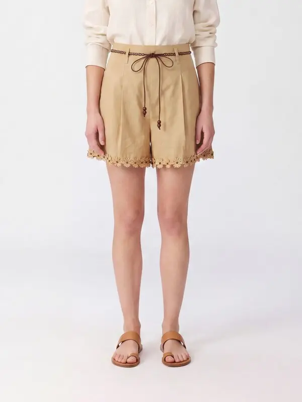 Zimmermann High-waisted Embroidered Cotton Shorts With Leather Belt - Beige