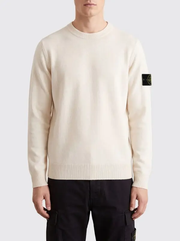 Stone Island Virgin Wool Crewneck Jumper With Compass Logo Patch - White
