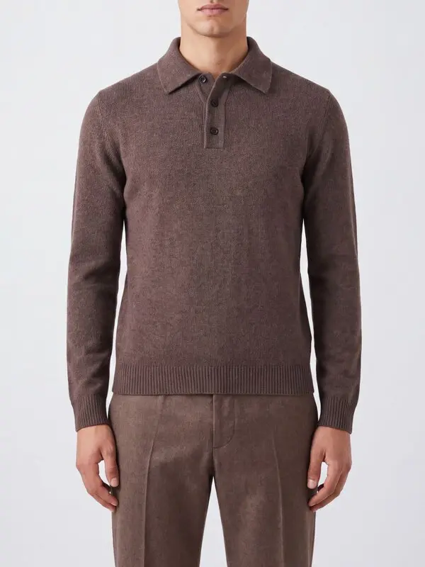 ROBERTO COLLINA Merino Wool And Cashmere Long-sleeved Knit Polo Shirt - Brown