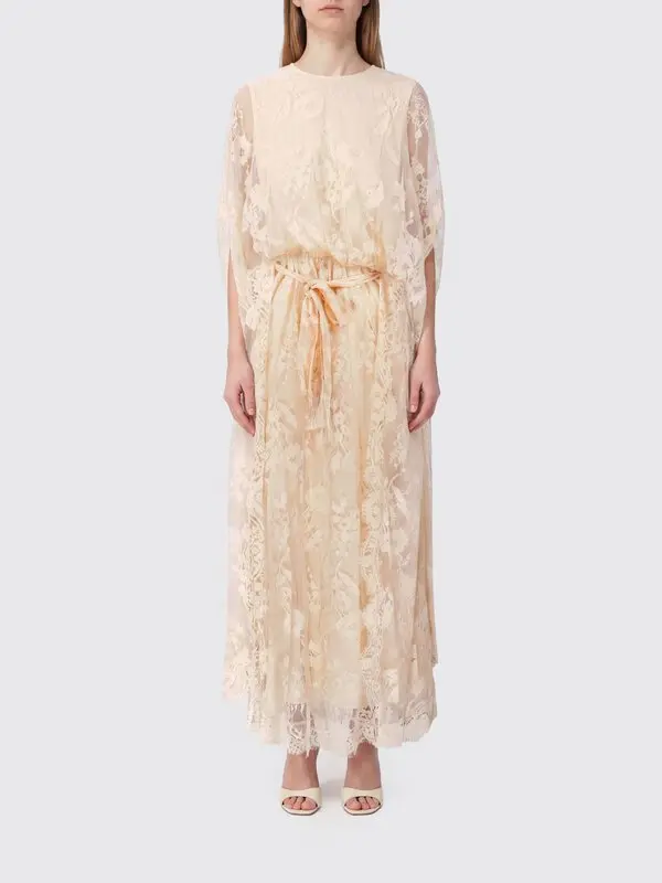 Zimmermann Long Tunic In Cotton Lace With Short Sleeves And Waist Belt - Cream