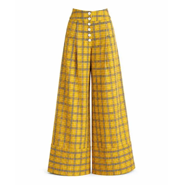 JULIA ALLERT Button Front Palazzo Trousers Mustard Plaid - Yellow