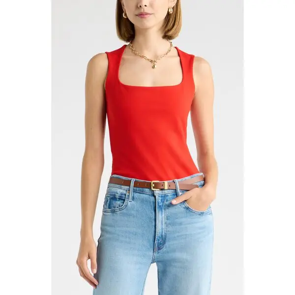 OPEN EDIT Square Neck Ponte Top - Red Rush