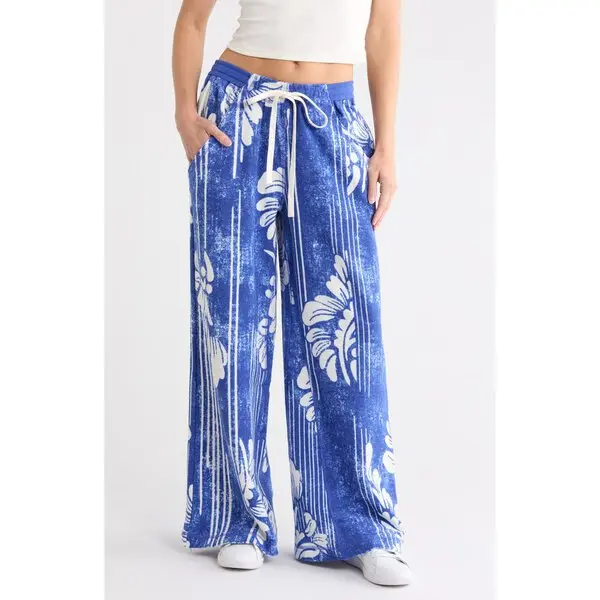 Free People Floral Wide Leg Cotton Blend Pants - Electric Shock