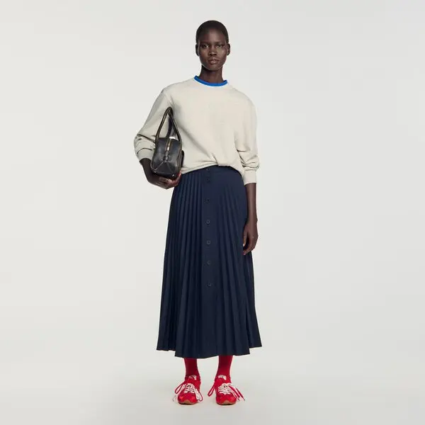 Sandro Long Pleated Skirt - Navy Blue