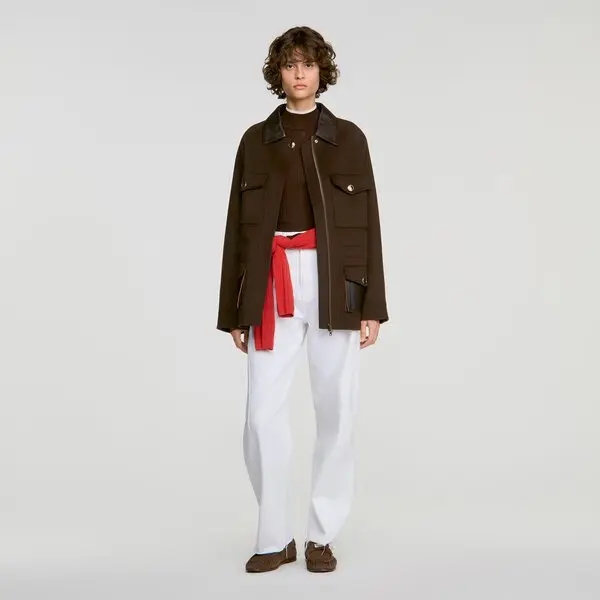 Sandro Double-faced Coat, Leather Collar - Brown