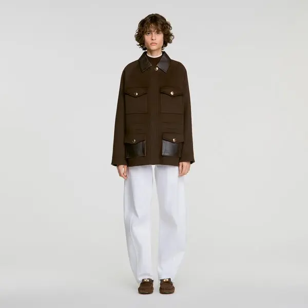 Sandro Double-faced Coat, Leather Collar