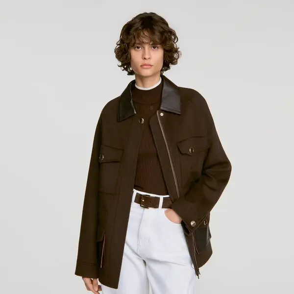 Sandro Double-faced Coat, Leather Collar
