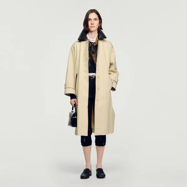 Sandro Long Coat With Leather Collar
