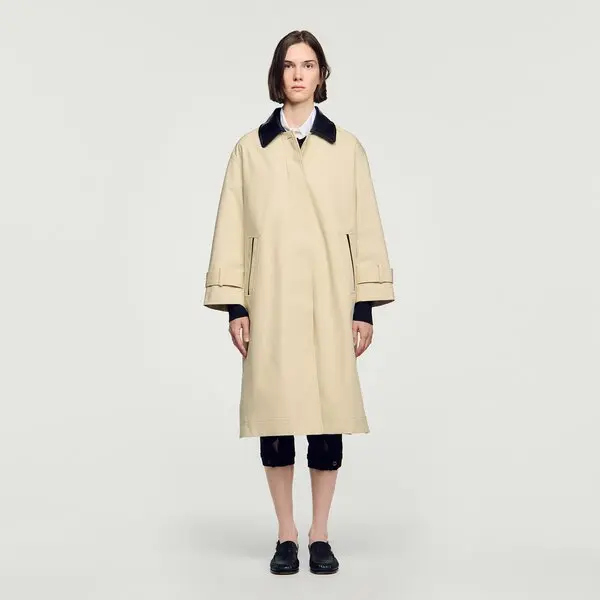 Sandro Long Coat With Leather Collar