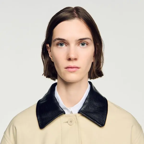 Sandro Long Coat With Leather Collar