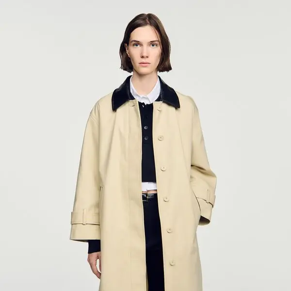 Sandro Long Coat With Leather Collar