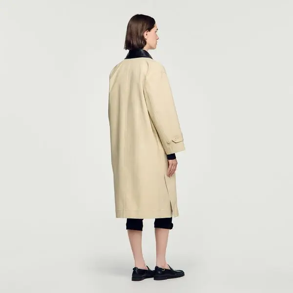 Sandro Long Coat With Leather Collar