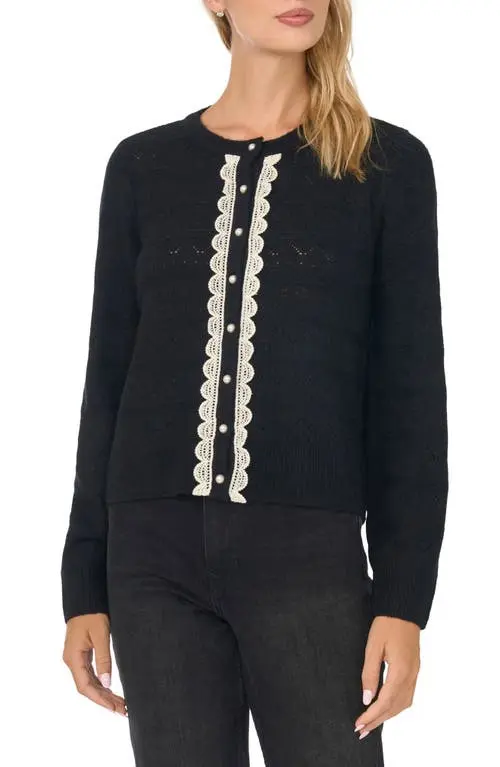 CECE DUPRAZ Lace Trim Pointelle Knit Cardigan - Rich Black