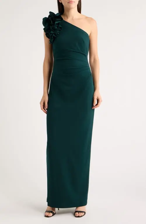 XSCAPE EVENINGS One-shoulder Ruffle Crepe Dress - Pine