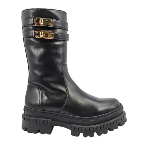 MADISON MAISON Shearling Lined Buckle Strap Platform Boots - Black