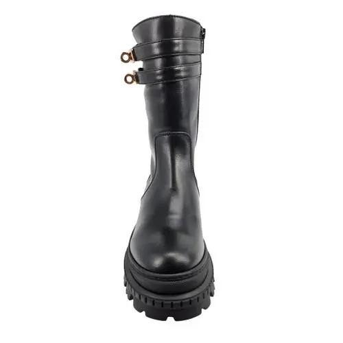 MADISON MAISON Shearling Lined Buckle Strap Platform Boots - Black